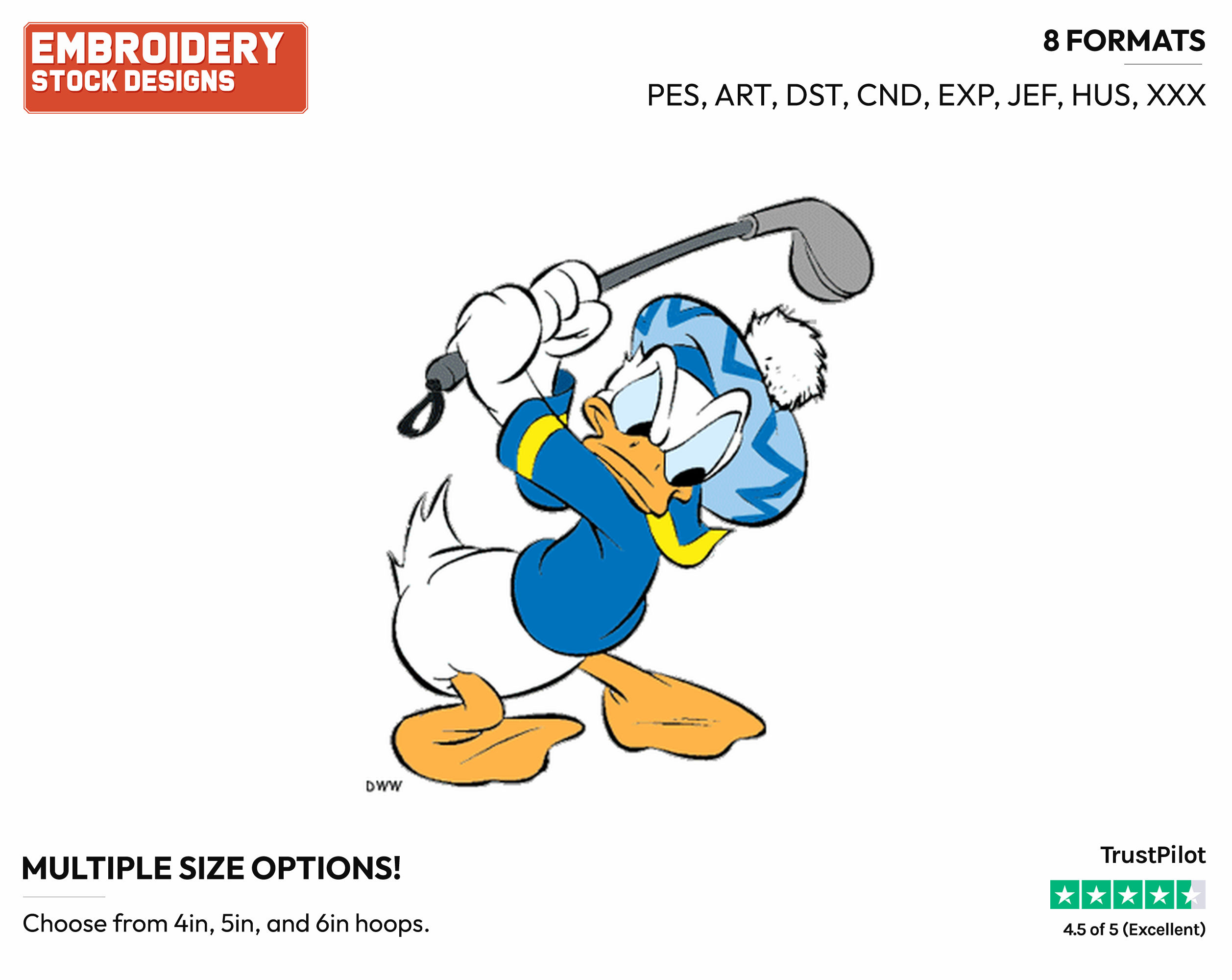 Playing Golf - Disney's Donald Duck - Embroidery Design in 3 sizes & 8 ...