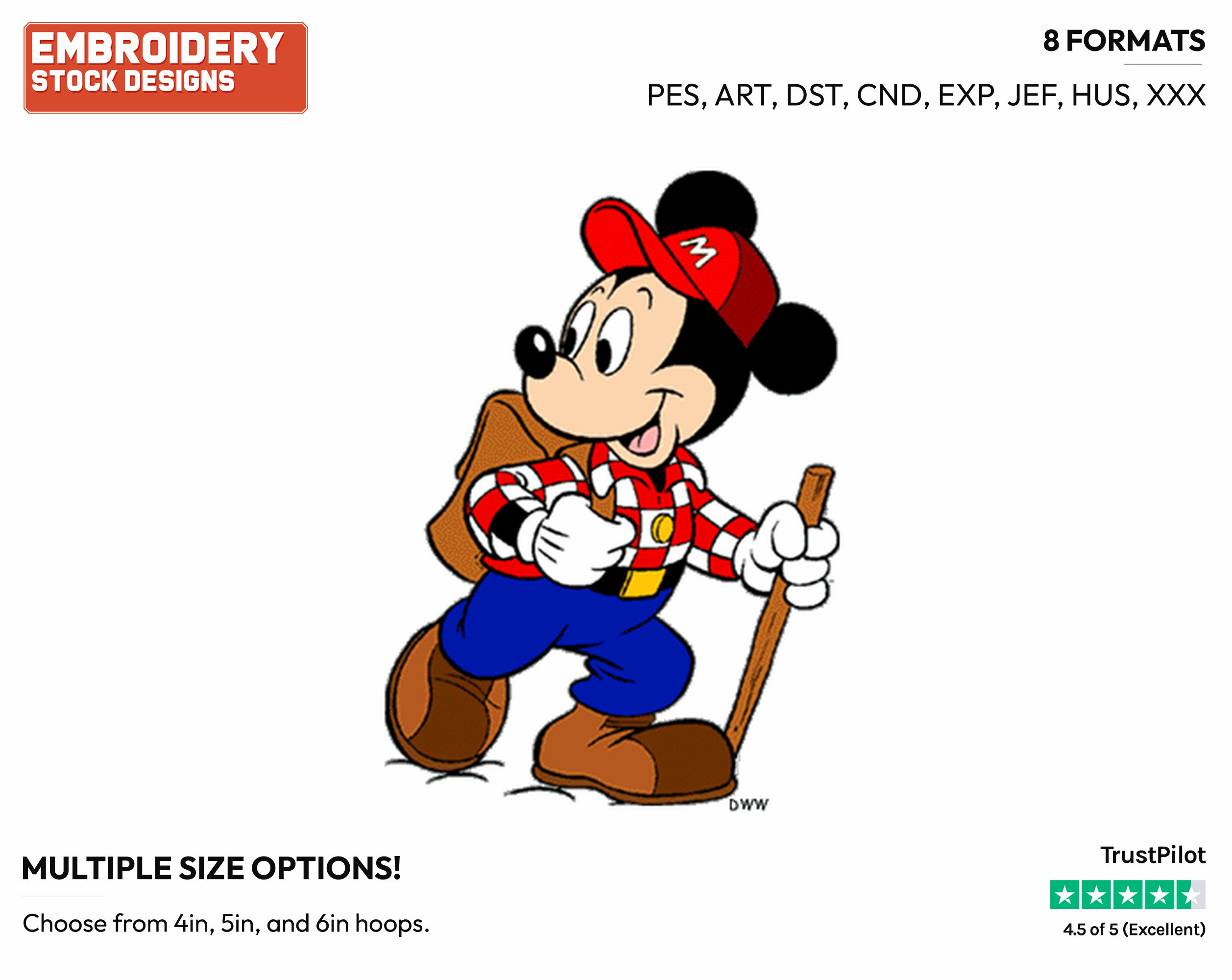Hiking - Disney's Mickey Mouse - Embroidery Design in 3 sizes & 8 ...