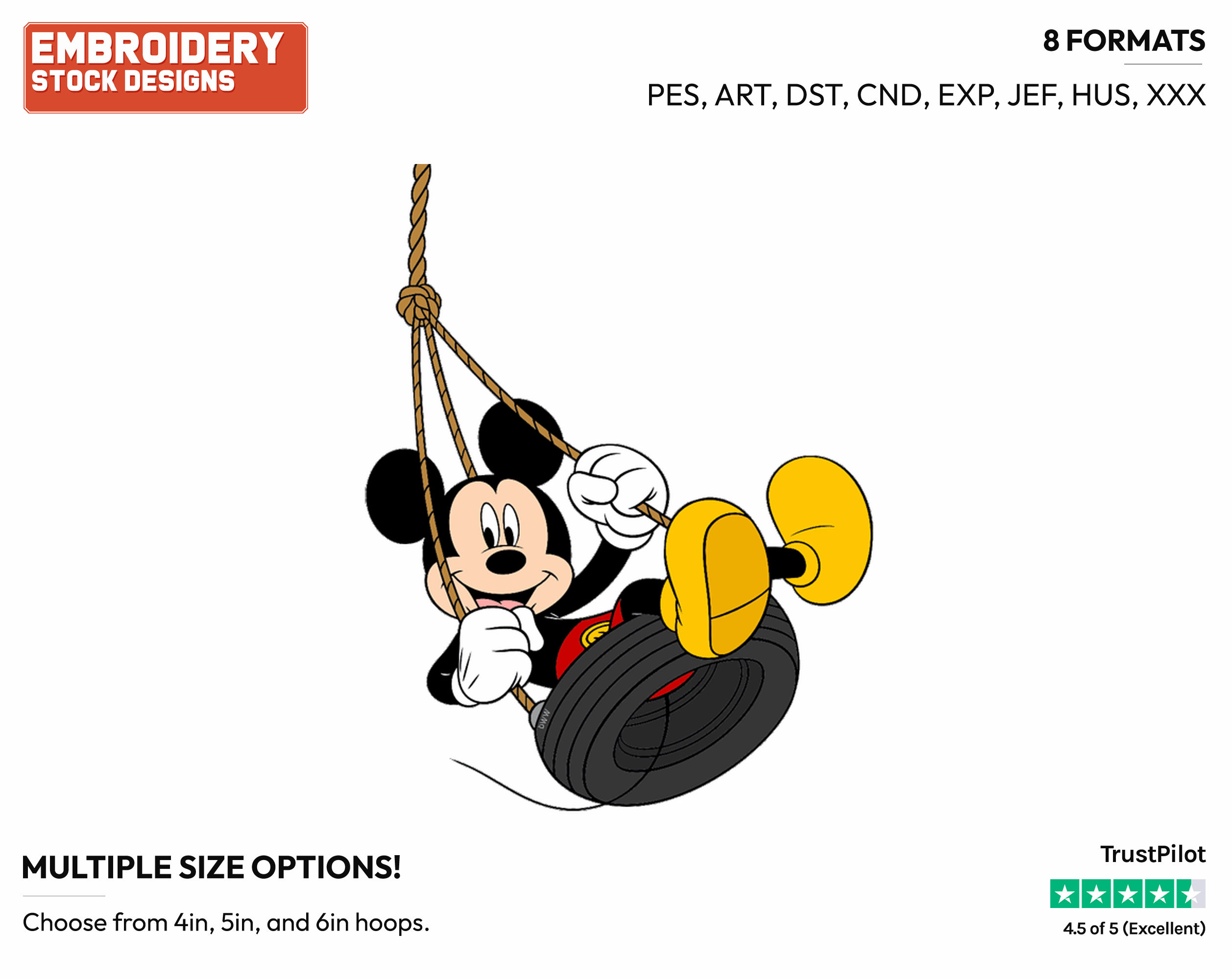 Mickey On Tire Swing - Disney's Mickey Mouse - Embroidery Design in 3 ...