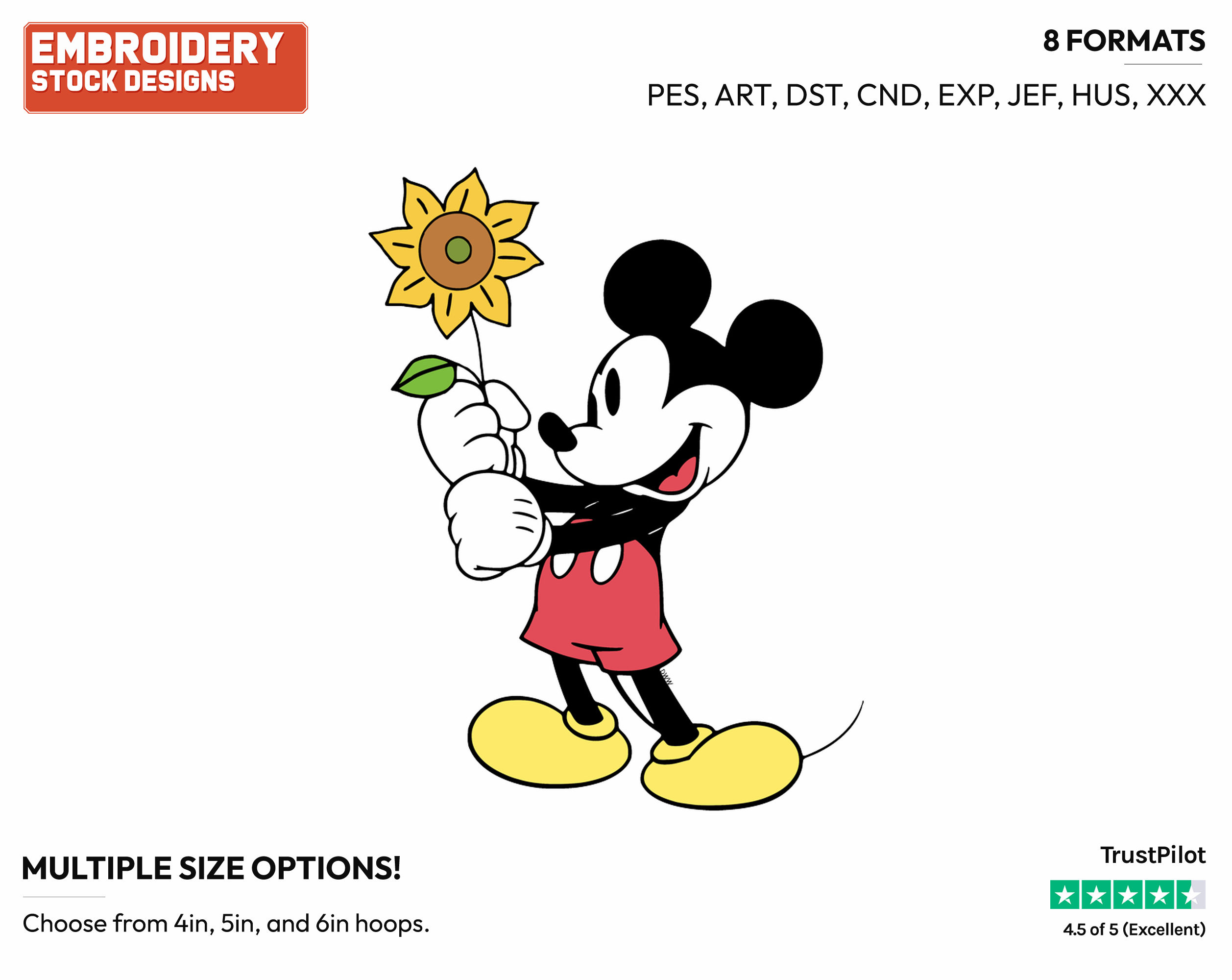 Holding A Sunflower - Disney's Classic Mickey Mouse - Embroidery Design ...