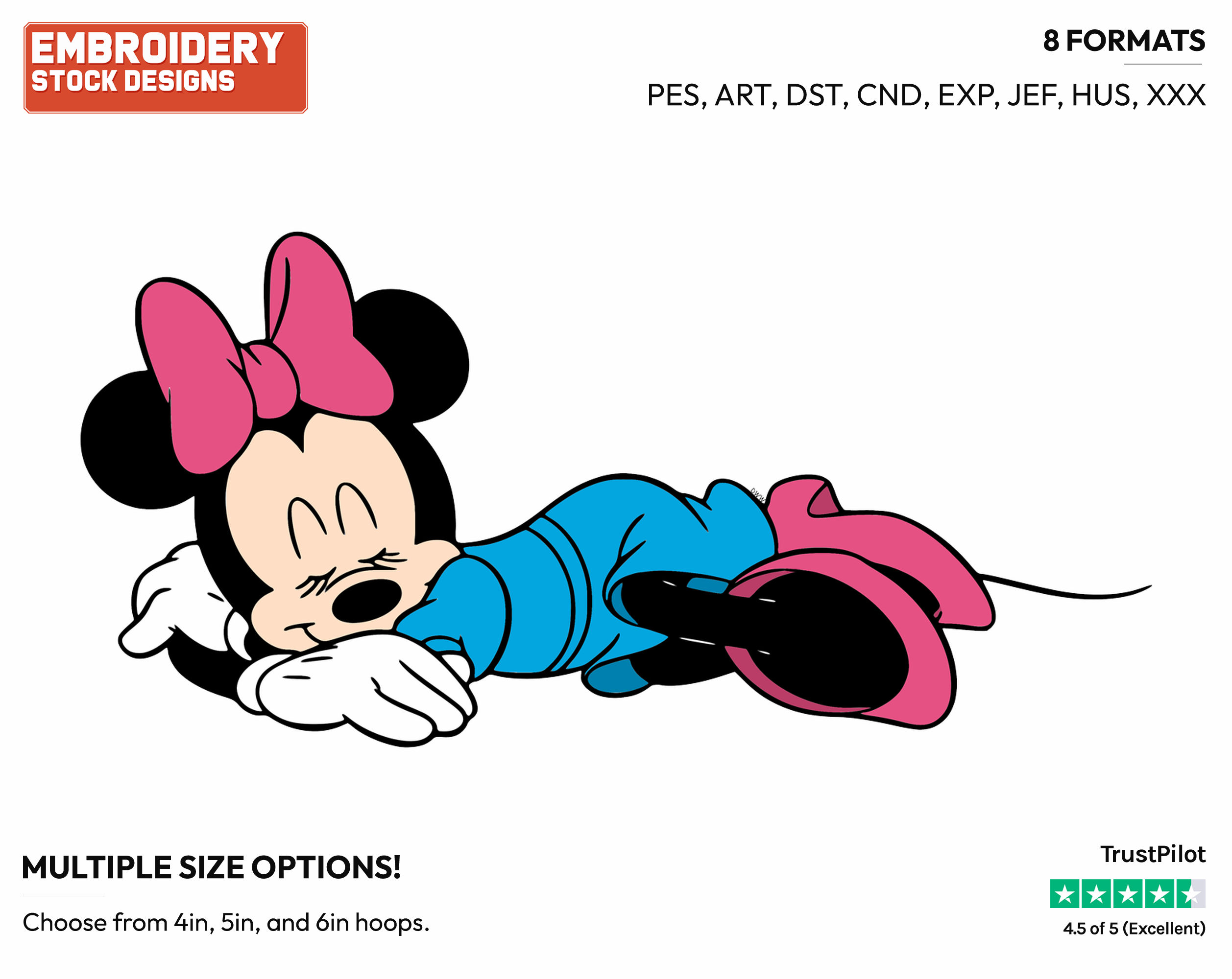 Sleeping - Disney's Minnie Mouse - Embroidery Design in 3 sizes & 8 ...