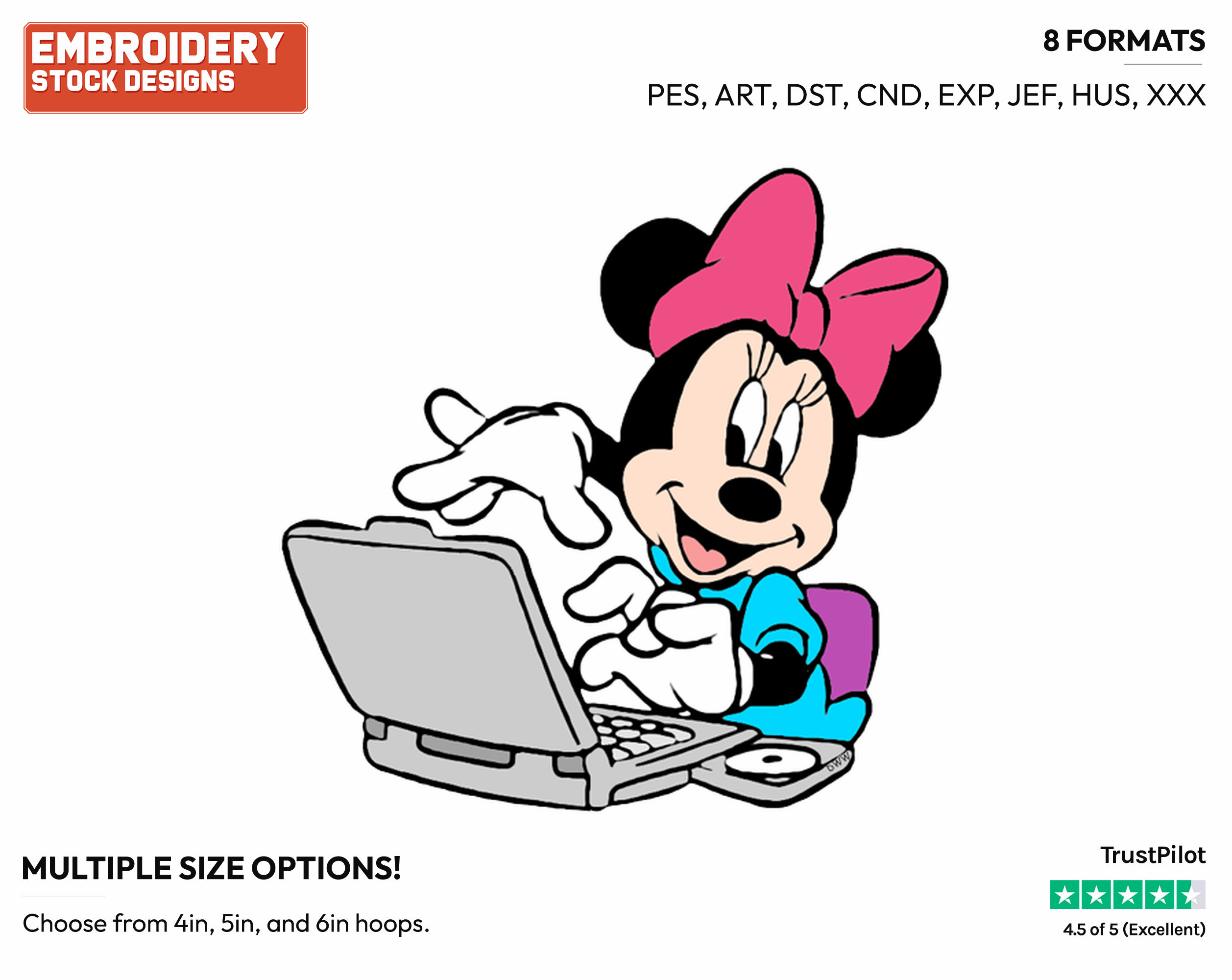At Her Laptop - Disney's Minnie Mouse - Embroidery Design in 3 sizes ...