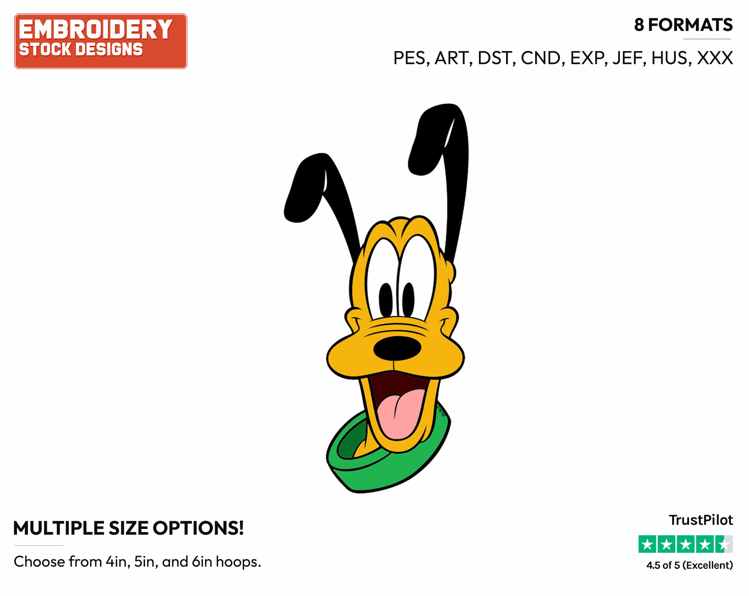 Pluto's Face - Disney's Pluto - Embroidery Design in 3 sizes & 8 ...