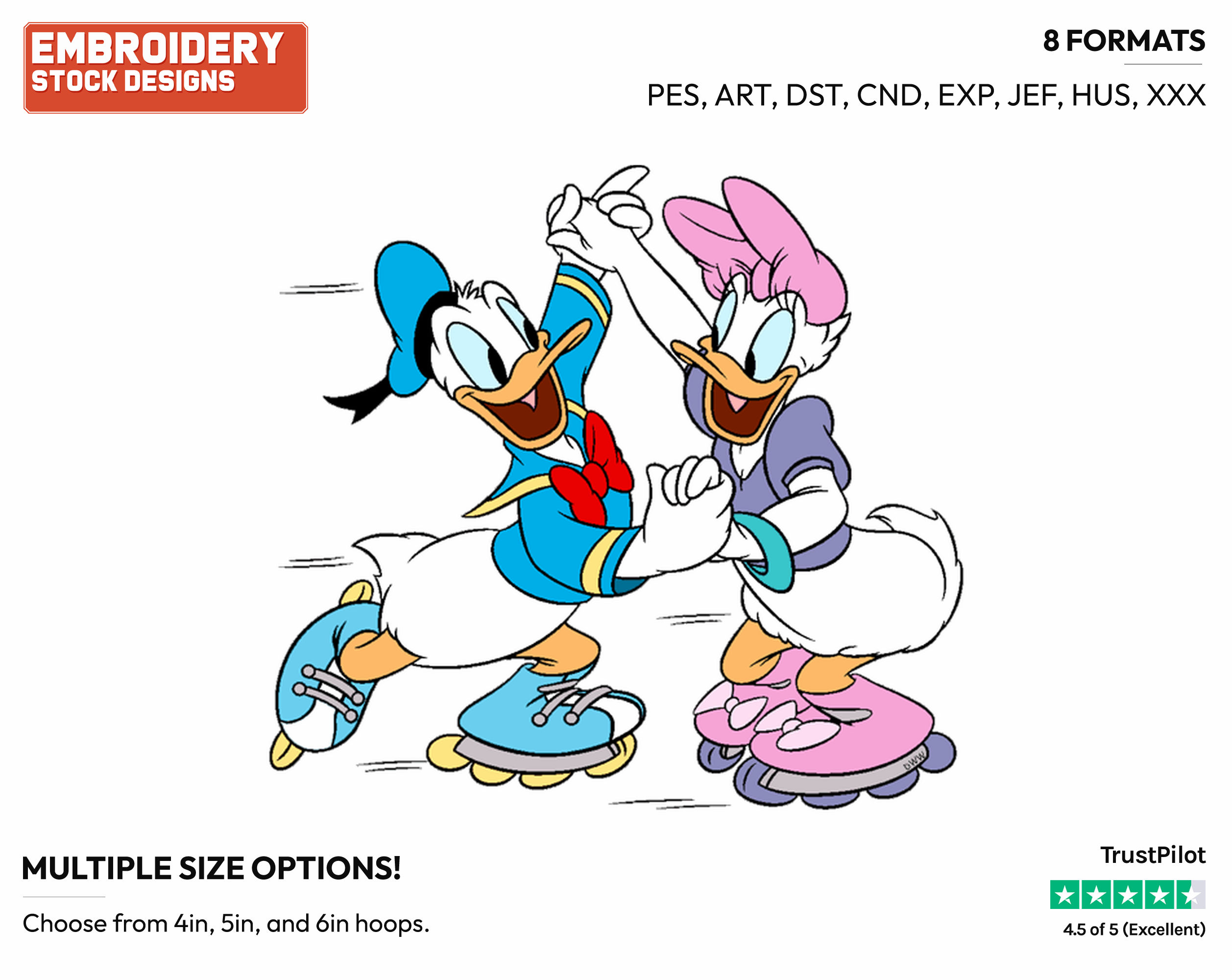 Roller Skating - Disney's Donald & Daisy Duck - Embroidery Design in 3 ...