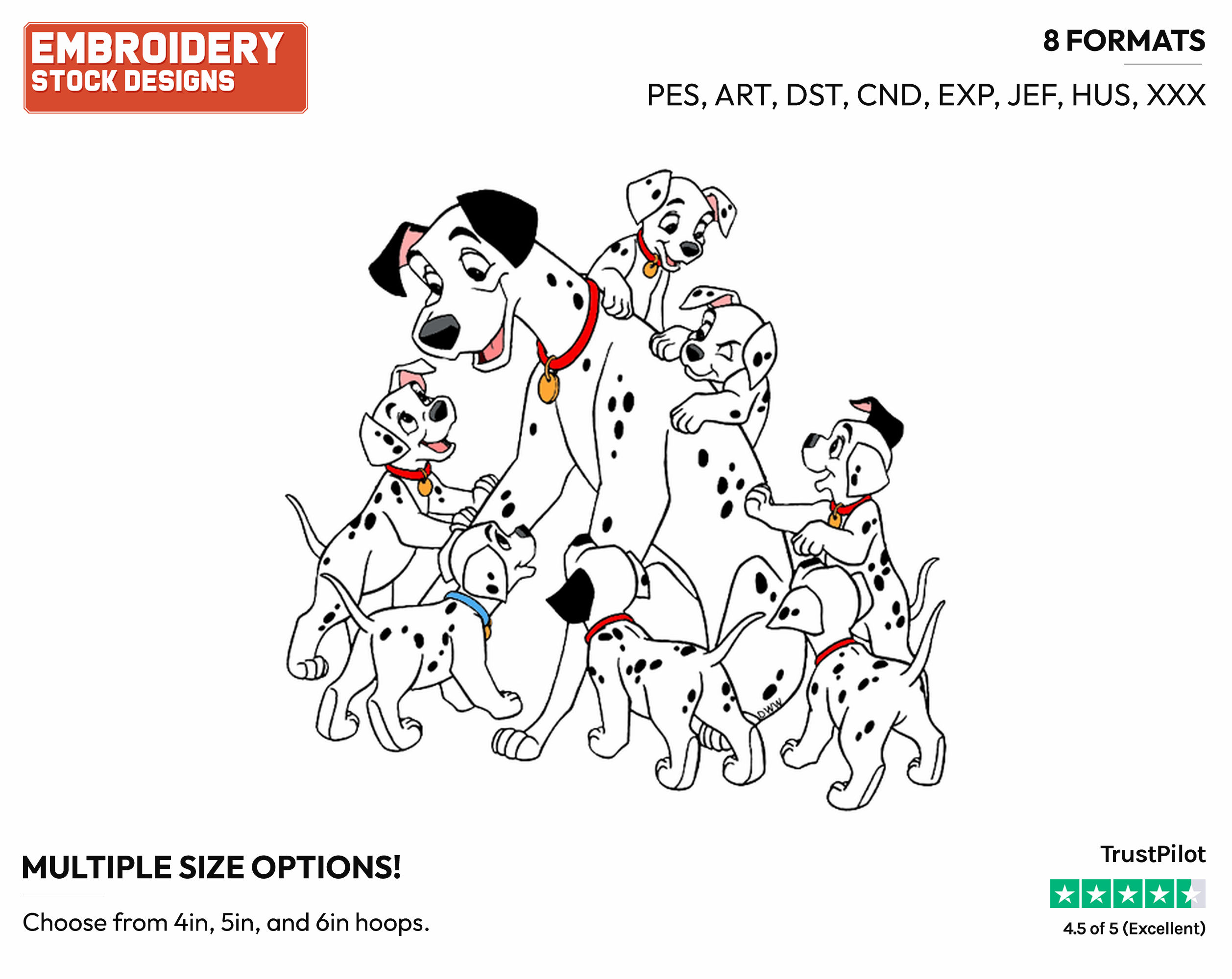 Pongo, Puppies - Disney's 101 Dalmatians - Embroidery Design in 3 sizes ...