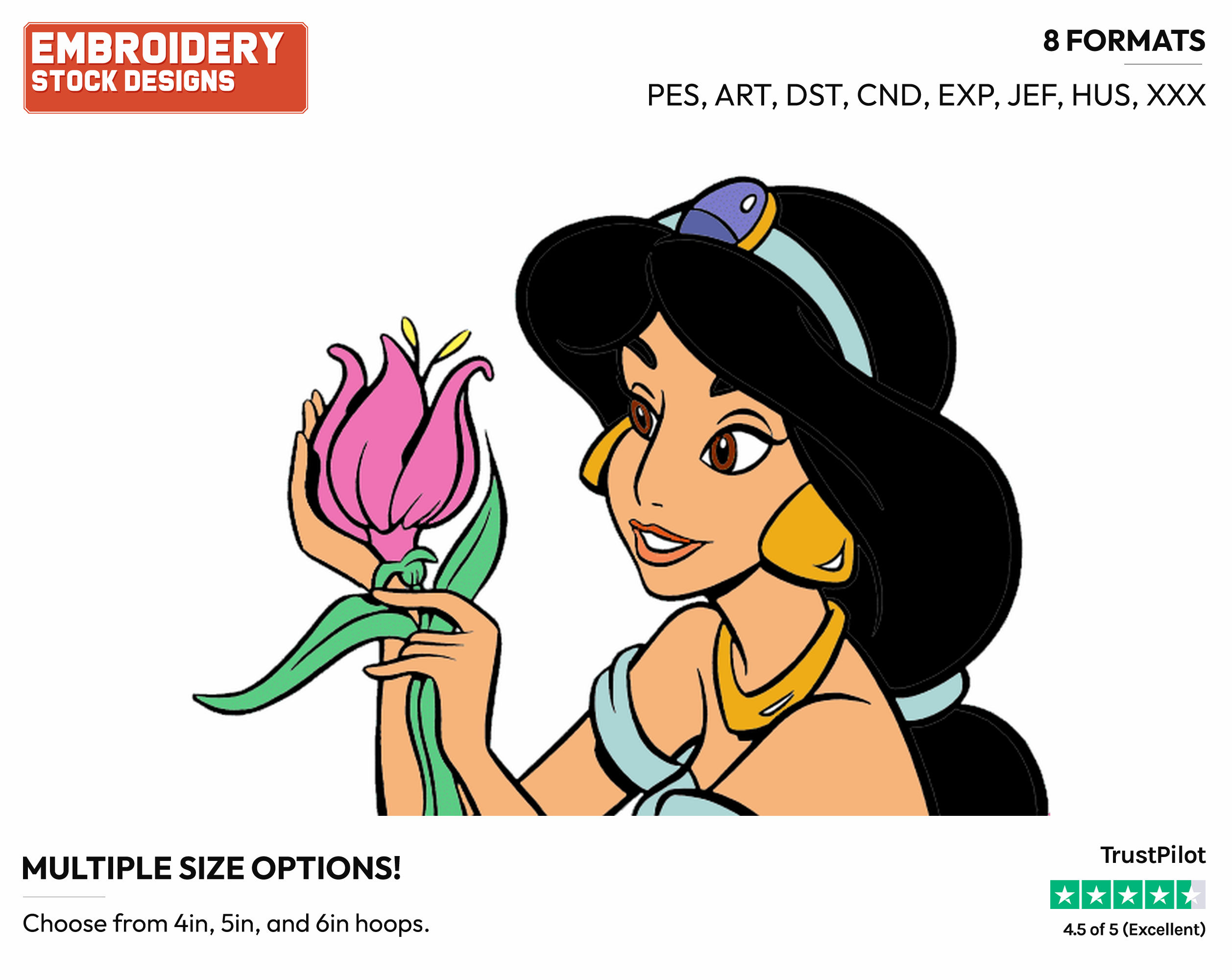 Jasmine, Flower - Disney's Aladdin - Embroidery Design in 3 sizes & 8 ...