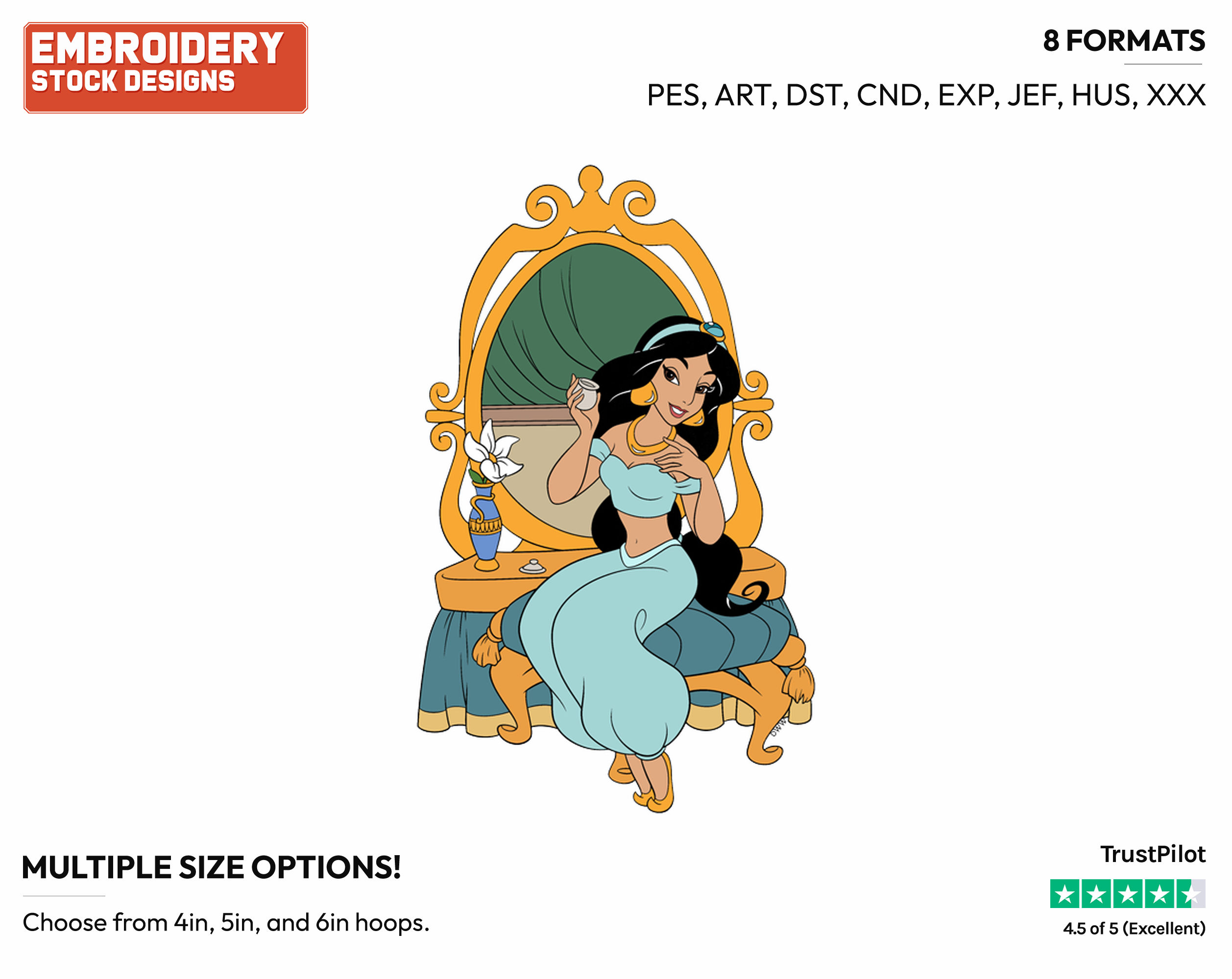 Jasmine, Mirror - Disney's Aladdin - Embroidery Design in 3 sizes & 8 ...