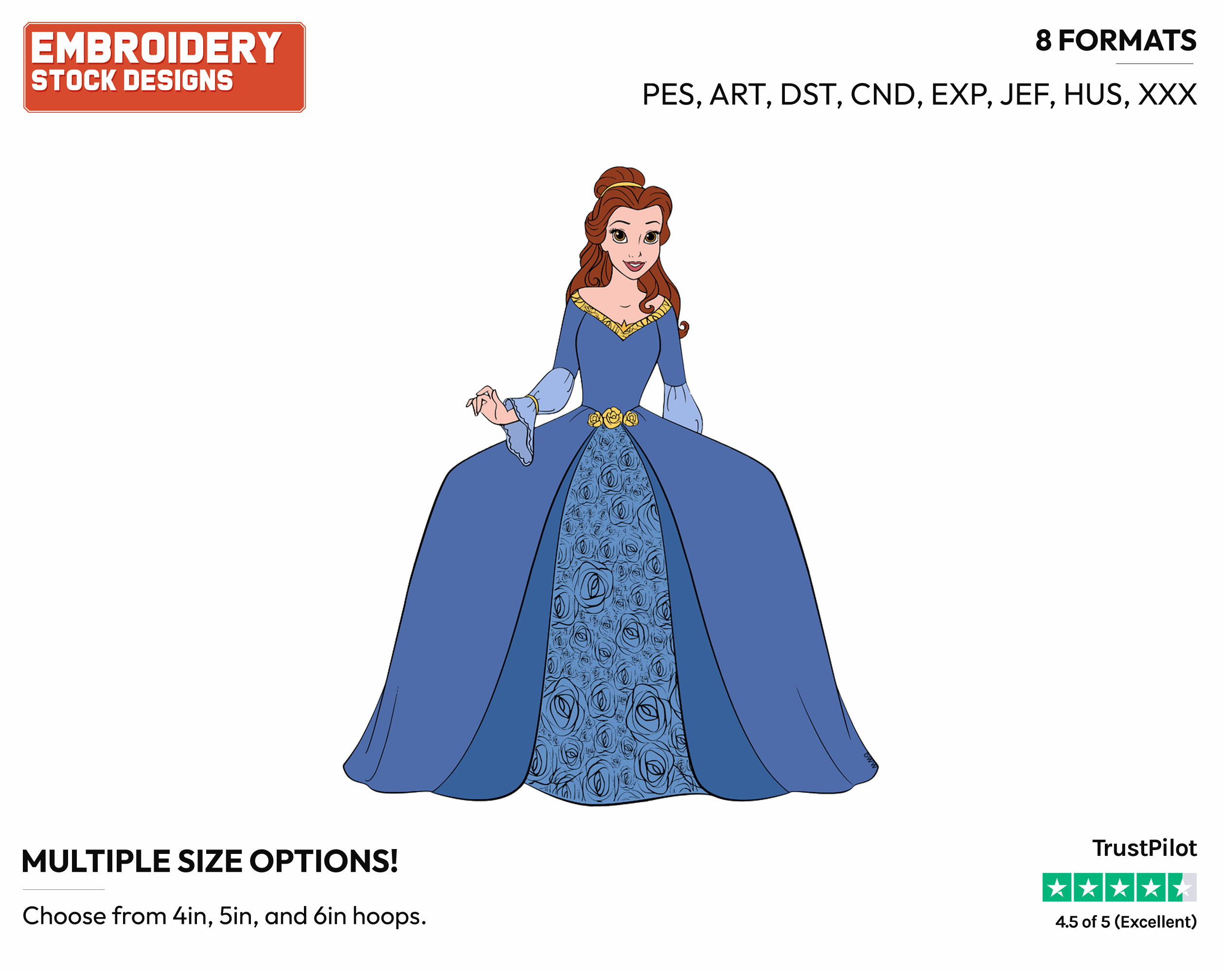Belle Wearing Blue Ballgown - Disney's Beauty & The Beast - Embroidery ...