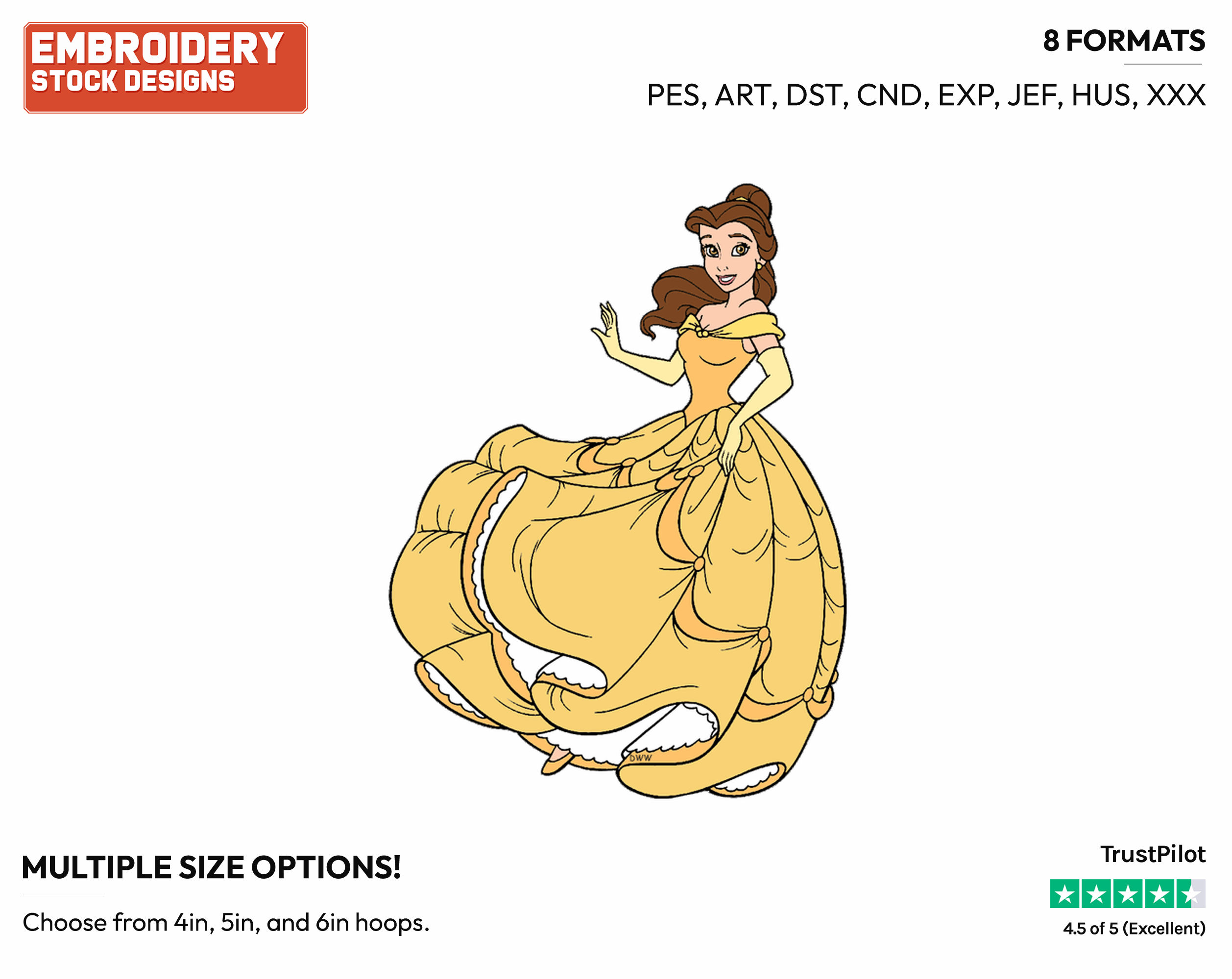 Belle - Disney's Beauty & The Beast - Embroidery Design in 3 sizes & 8 ...