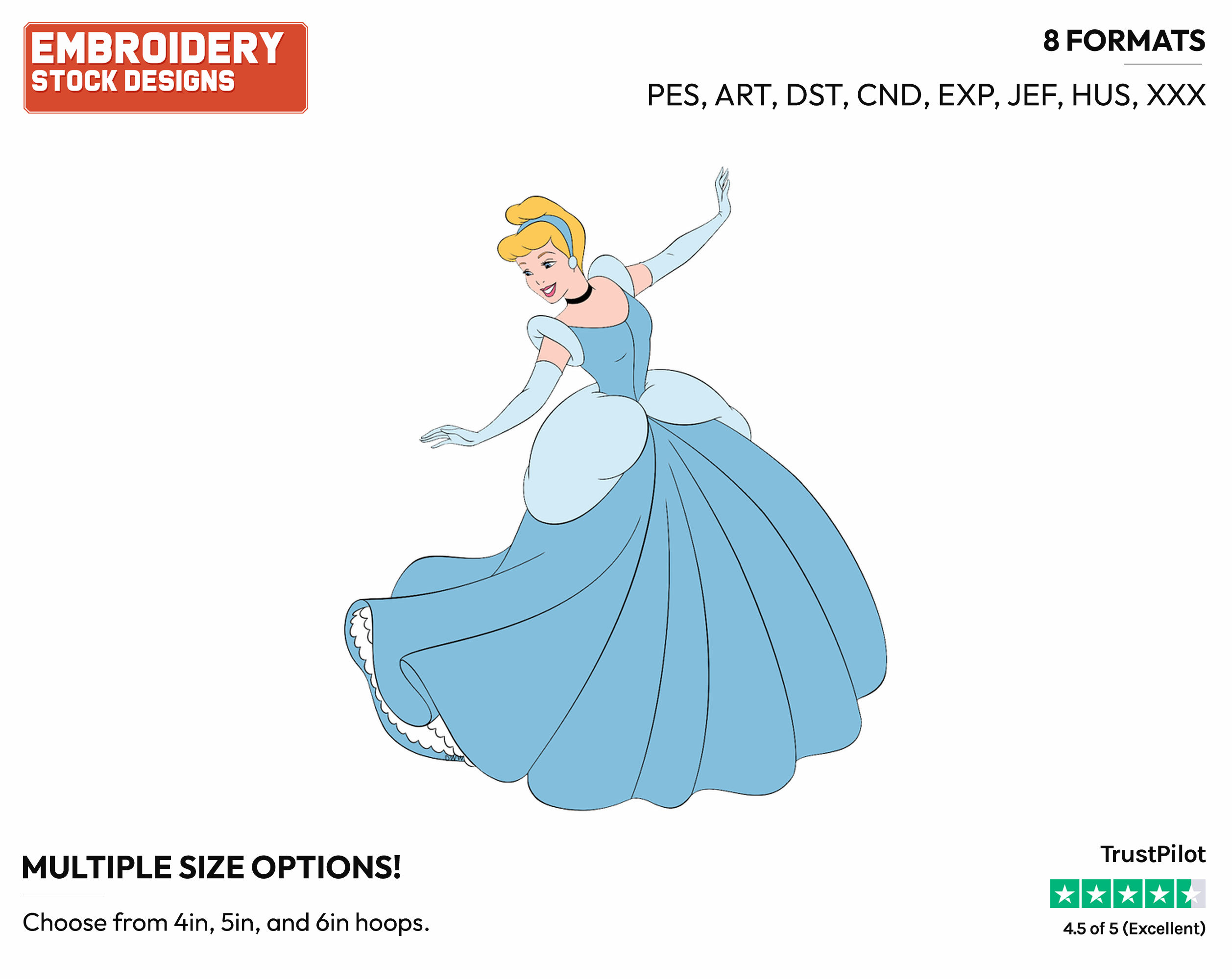 Cinderella - Disney's Cinderella - Embroidery Design in 3 sizes & 8 ...