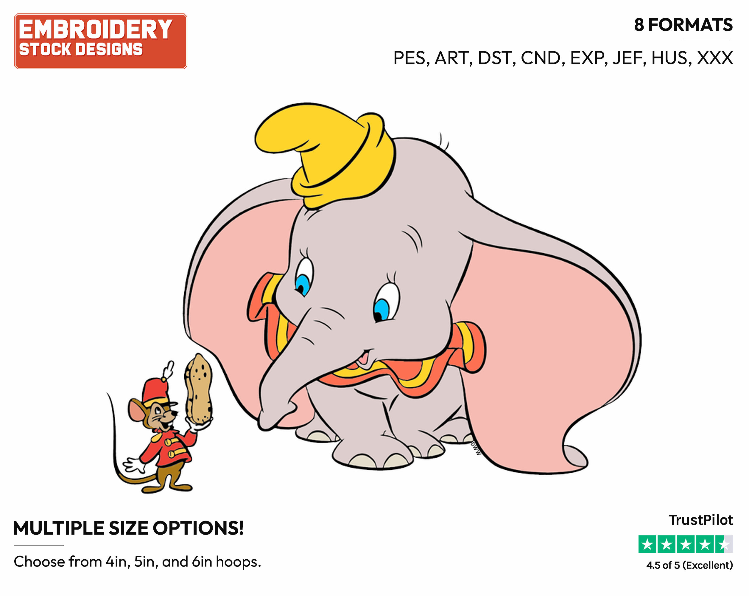 Dumbo, Timothy - Disney's Dumbo - Embroidery Design in 3 sizes & 8 ...