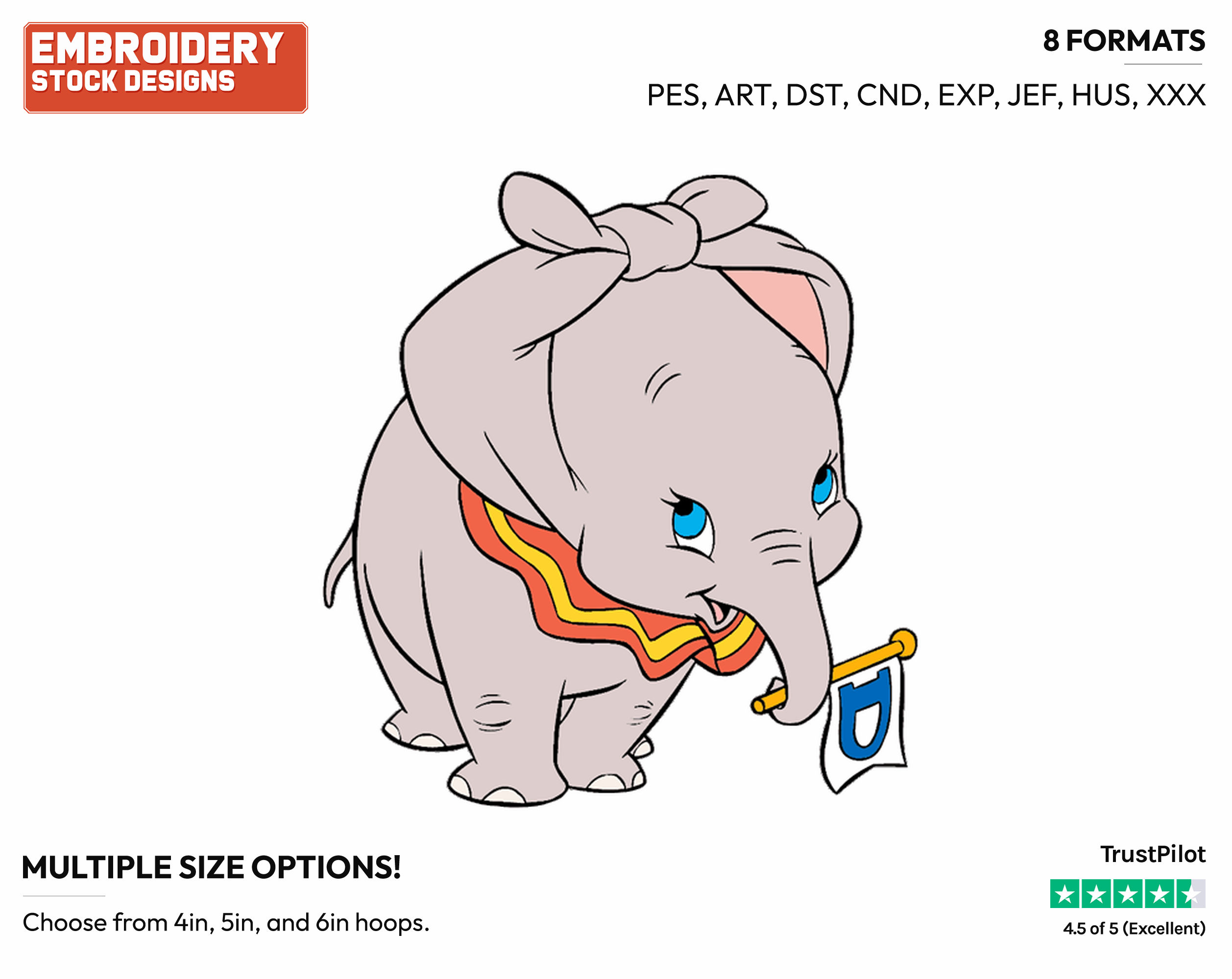 Dumbo With Ears Attached - Disney's Dumbo - Embroidery Design in 3 ...