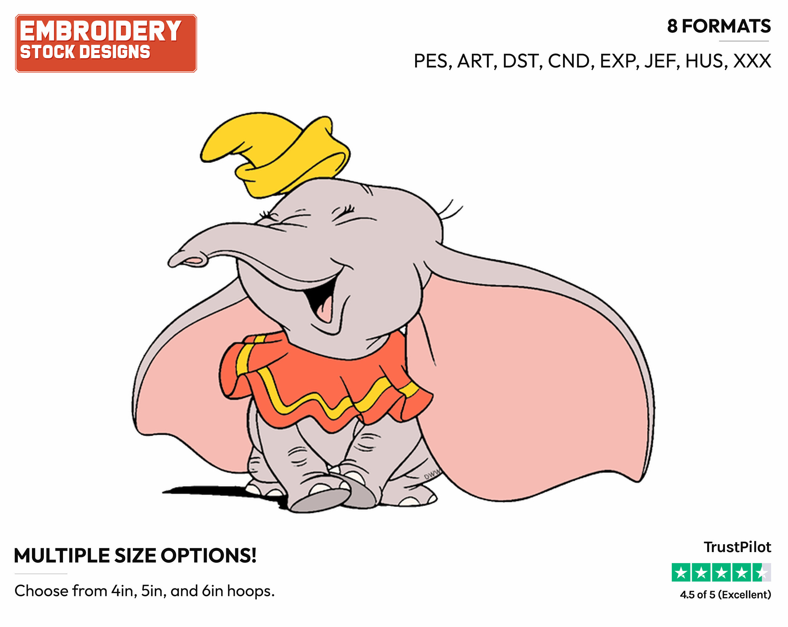 Dumbo Laughing - Disney's Dumbo - Embroidery Design in 3 sizes & 8 ...