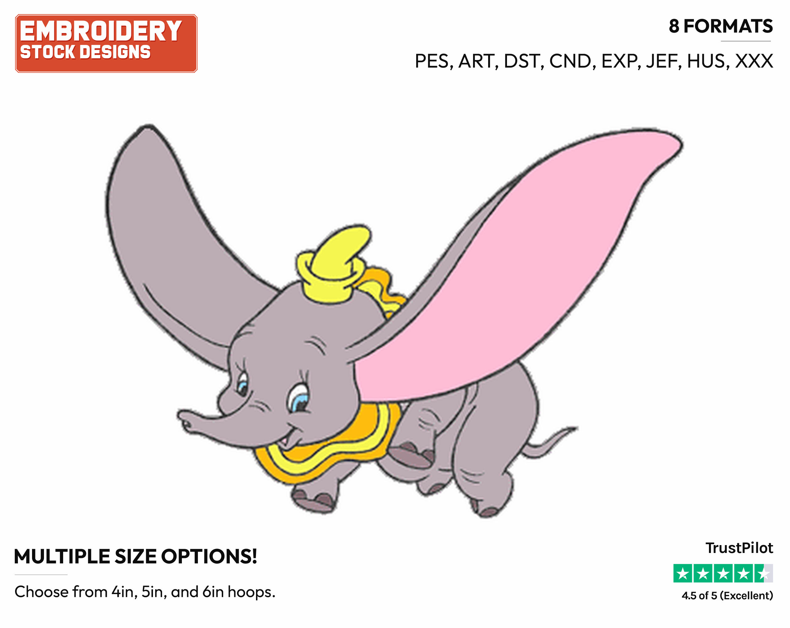 Dumbo Flying - Disney's Dumbo - Embroidery Design in 3 sizes & 8 ...