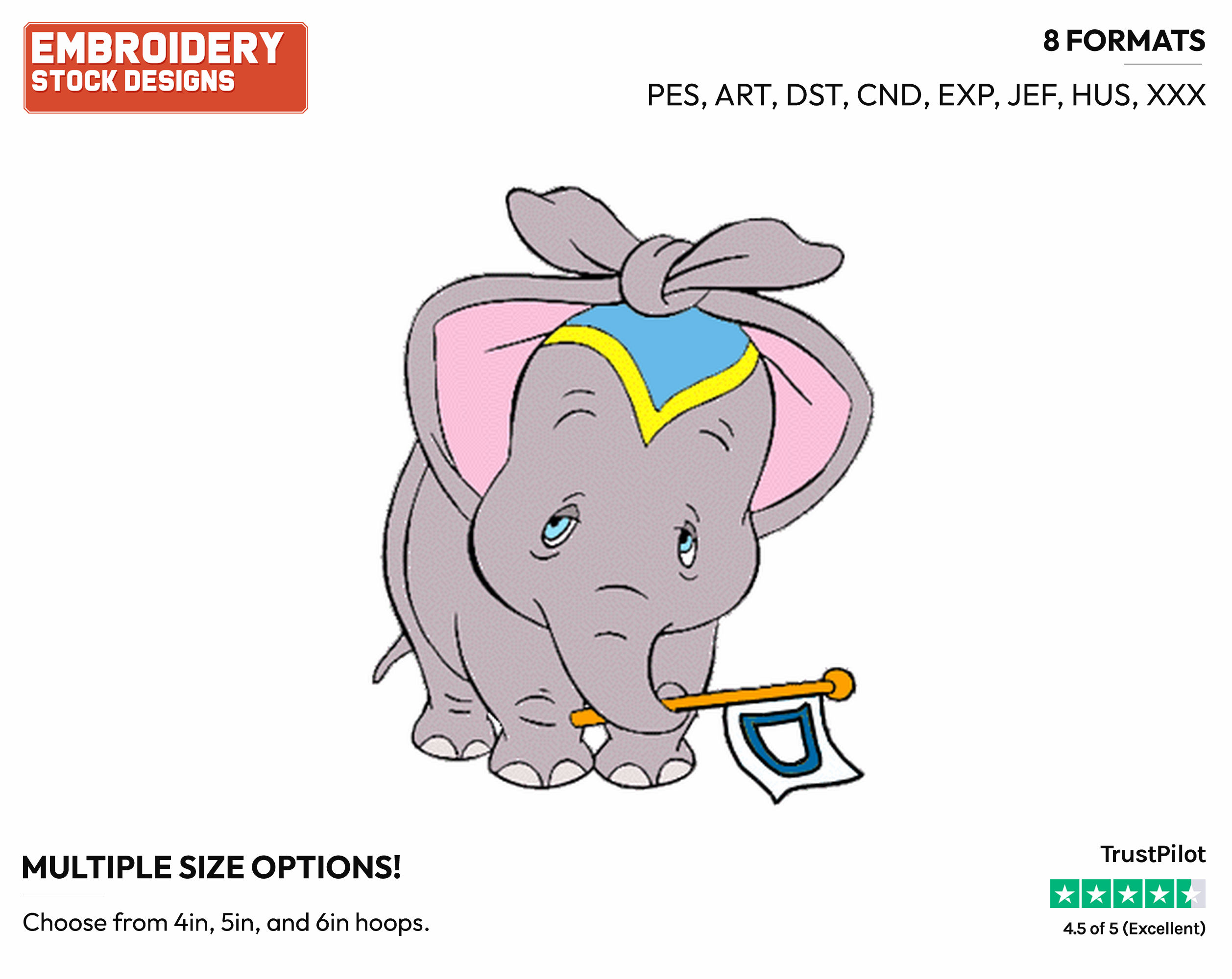Dumbo - Disney's Dumbo - Embroidery Design in 3 sizes & 8 formats ...