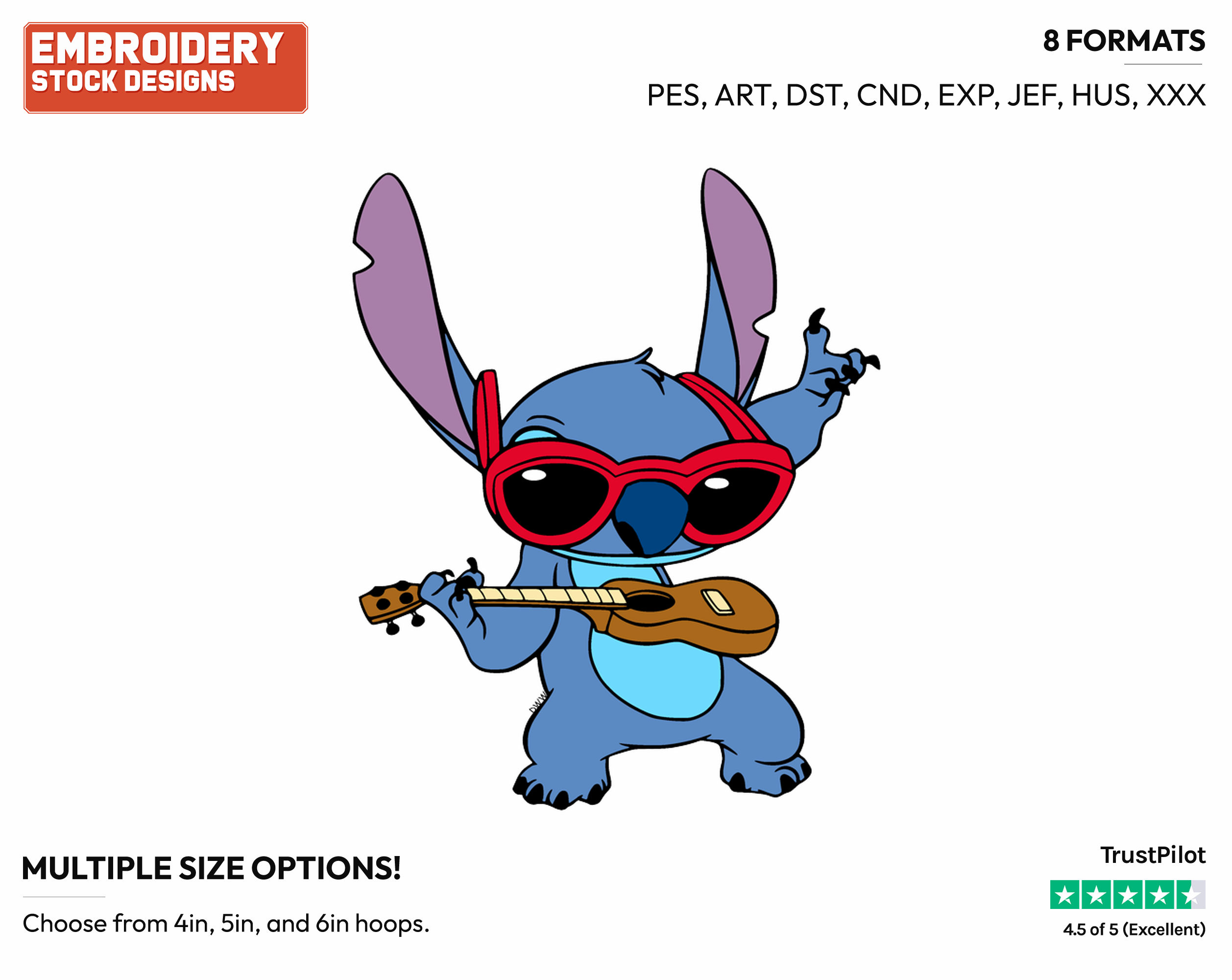Stitch Playing The Ukulele - Disney's Lilo & Stitch - Embroidery Design ...
