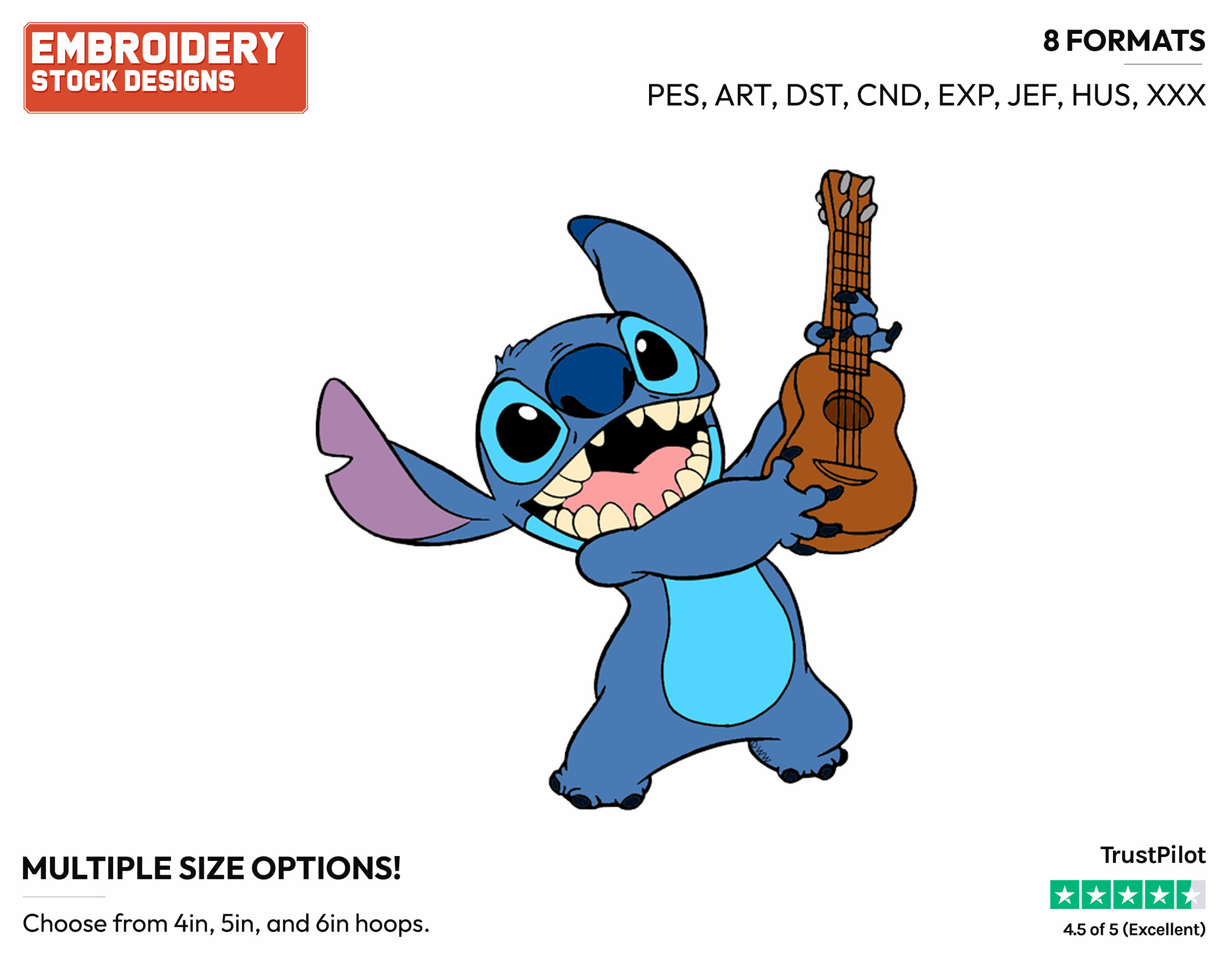 Stitch Playing Guitar - Disney's Lilo & Stitch - Embroidery Design in 3 ...