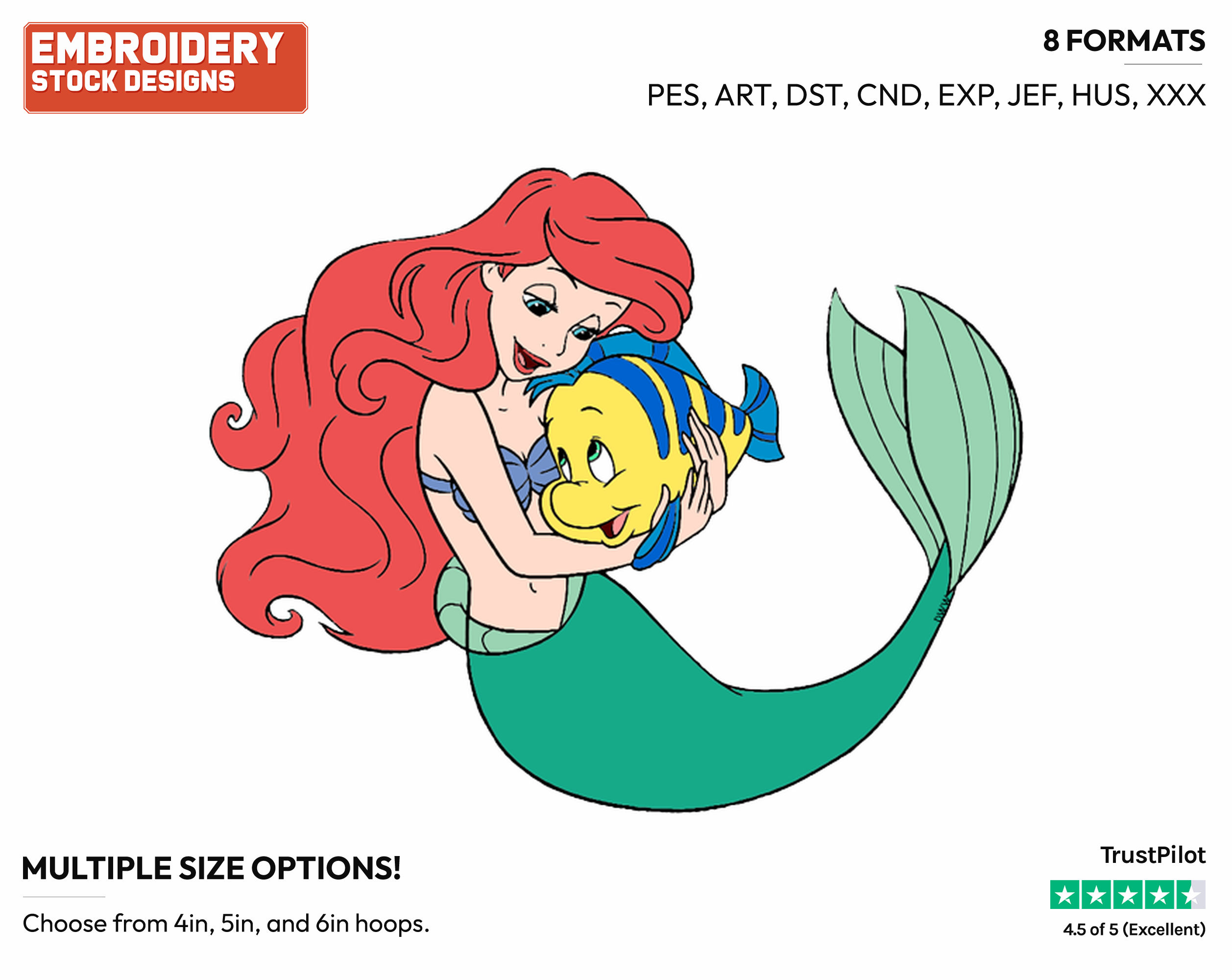 Ariel, Flounder Hugging - Disney's The Little Mermaid - Embroidery ...