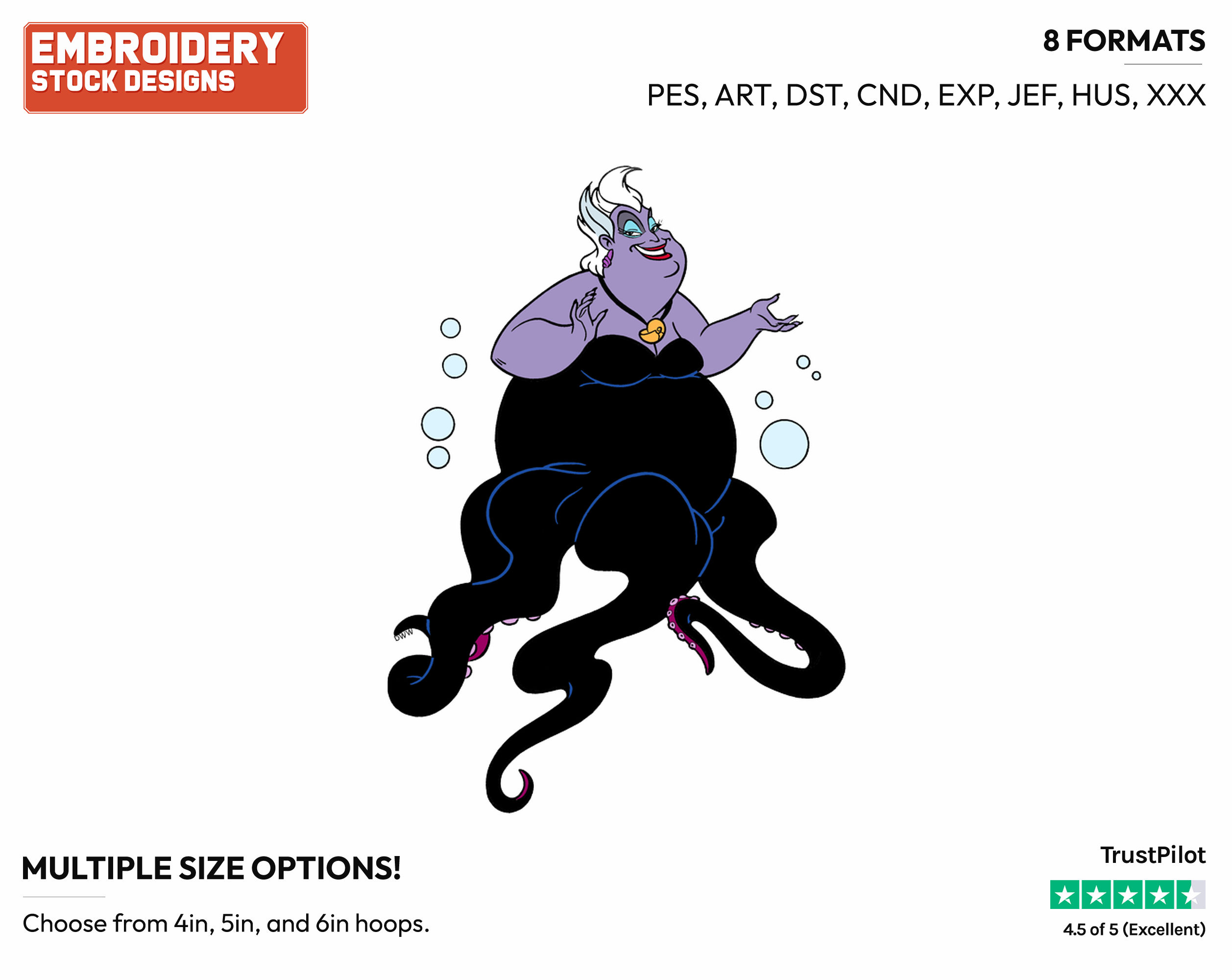 Ursula - Disney's The Little Mermaid - Embroidery Design in 3 sizes & 8 ...