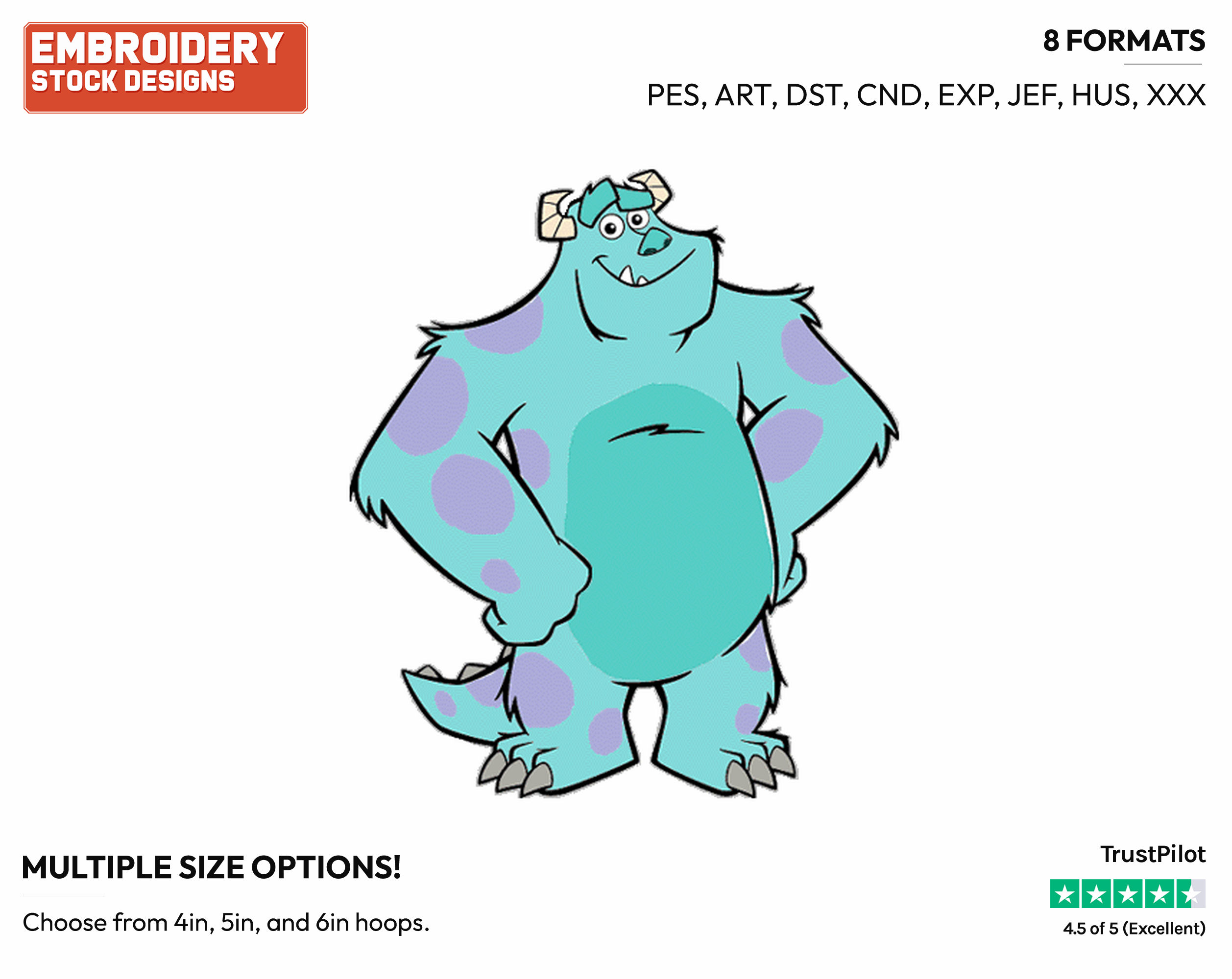 Sulley - Disney's Monsters Inc. - Embroidery Design in 3 sizes & 8 ...