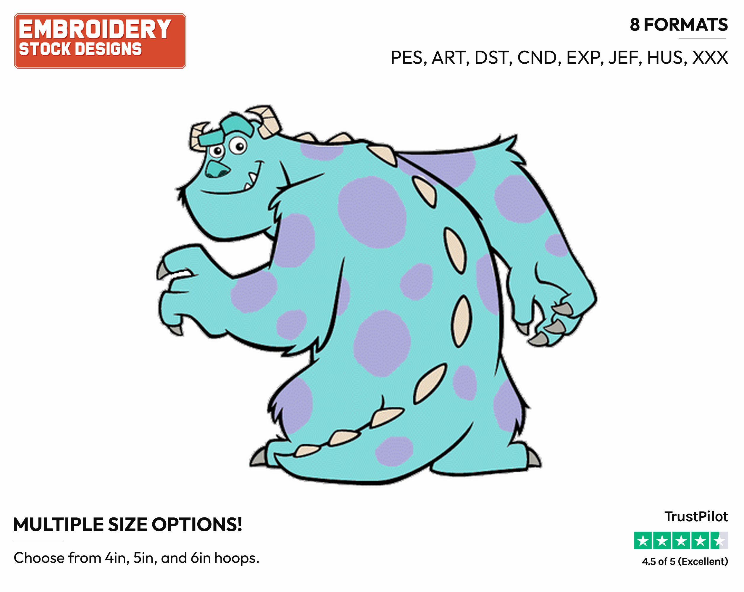 Sulley - Disney's Monsters Inc. - Embroidery Design in 3 sizes & 8 ...
