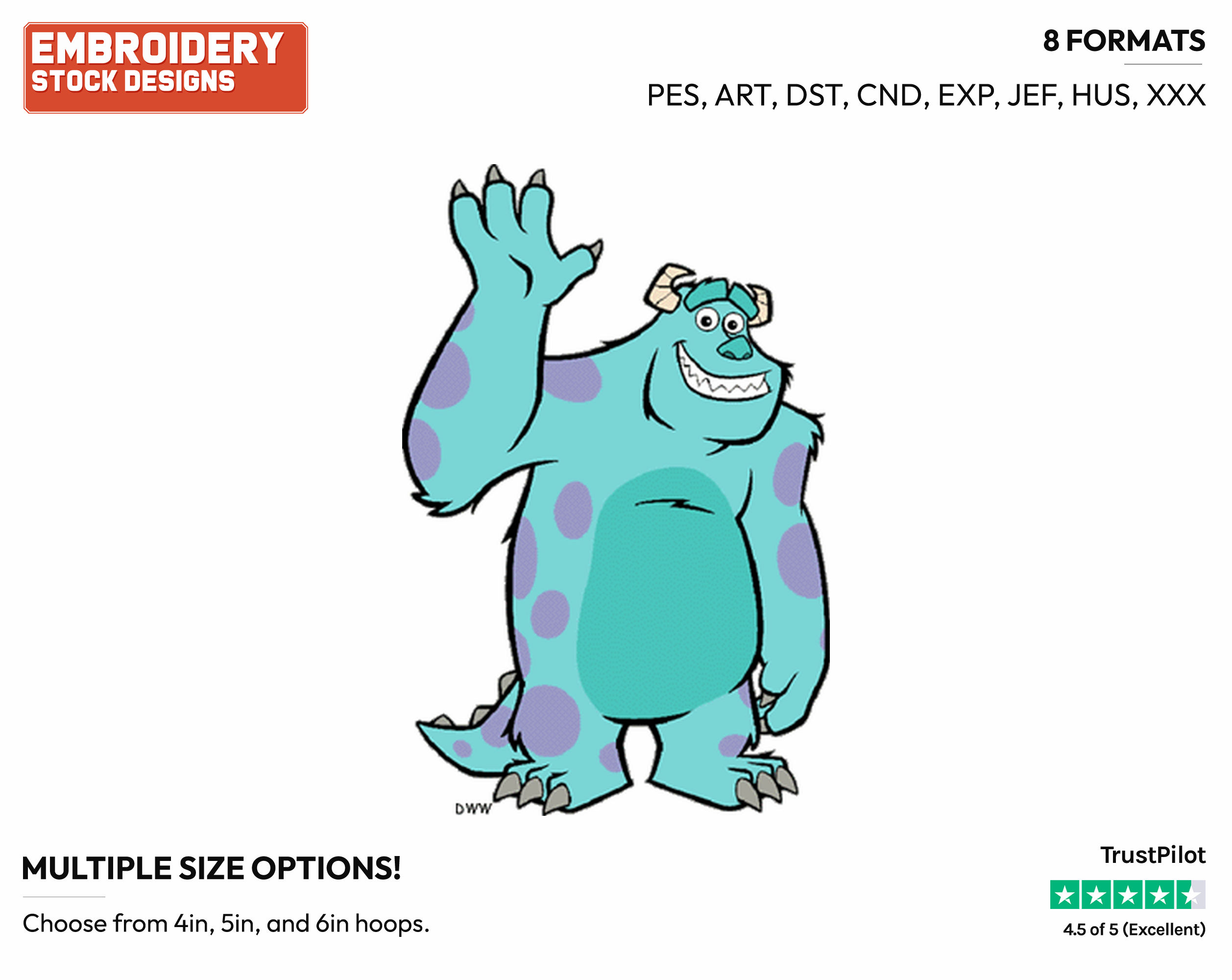 Sulley Waving - Disney's Monsters Inc. - Embroidery Design in 3 sizes ...