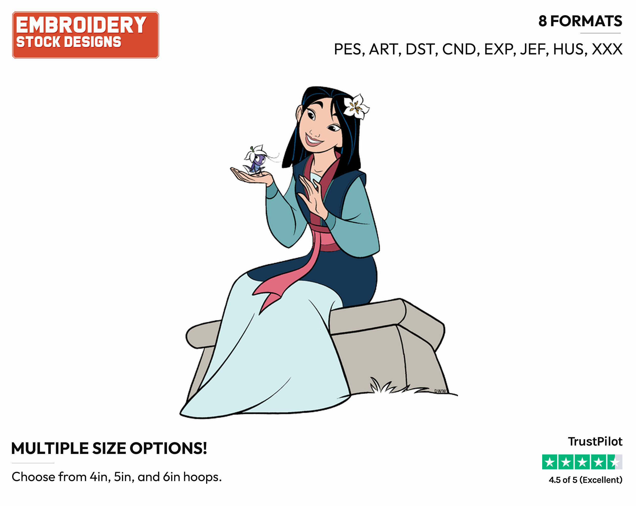 Mulan, Cri-Kee - Disney's Mulan - Embroidery Design in 3 sizes & 8 ...