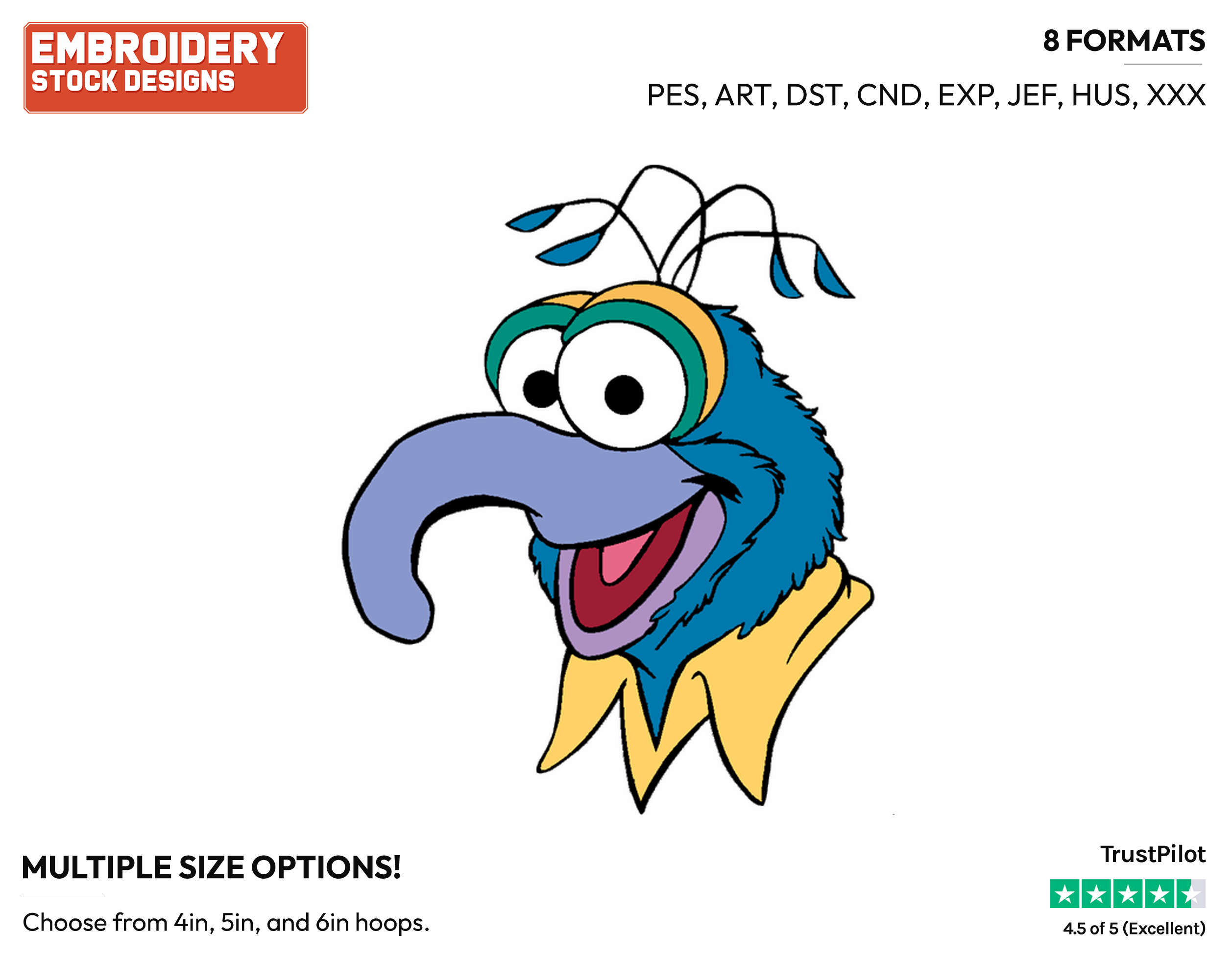 Gonzo's Face - Disney's The Muppets - Embroidery Design in 3 sizes & 8 ...