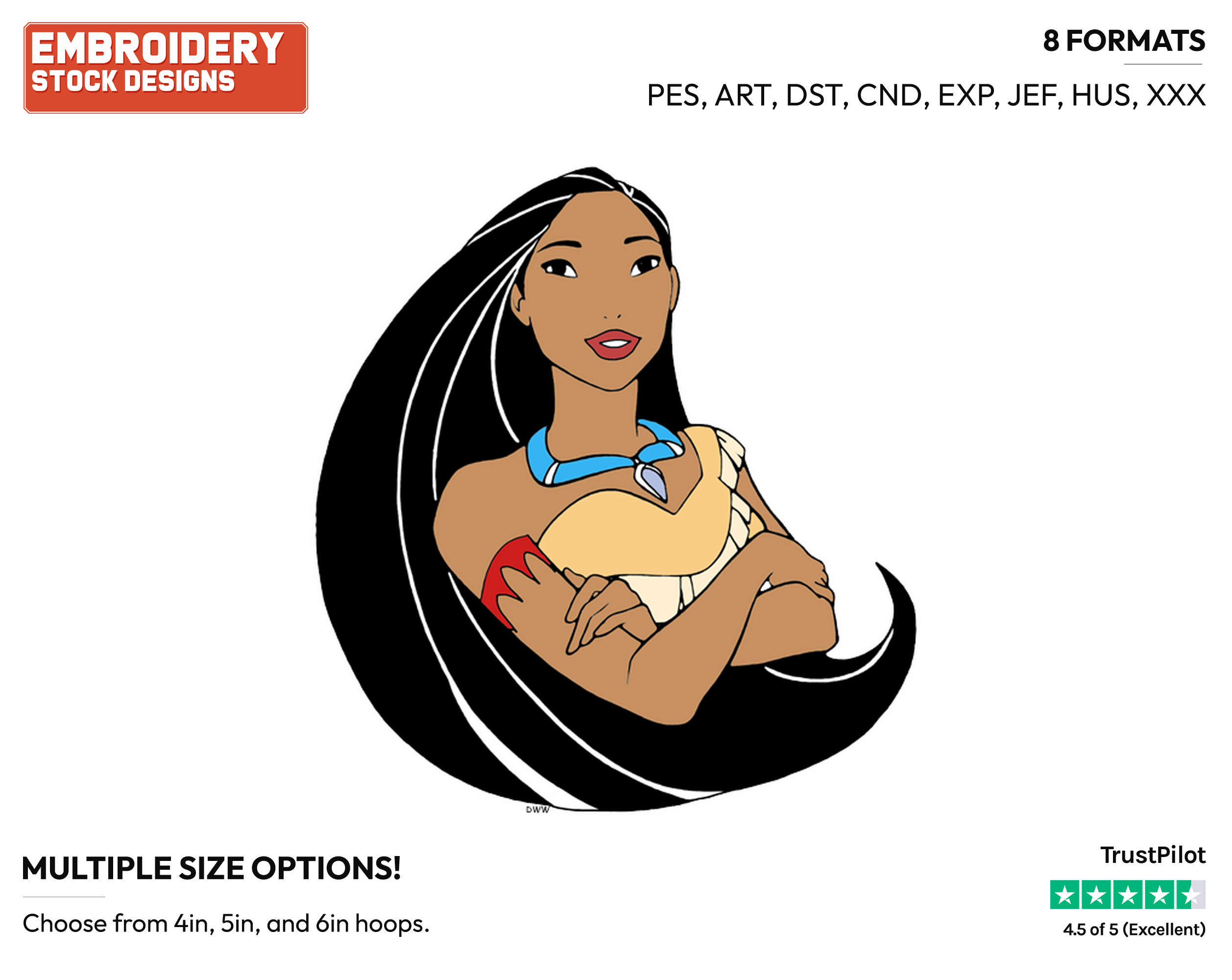 Pocahontas - Disney's Pocahontas - Embroidery Design in 3 sizes & 8 ...