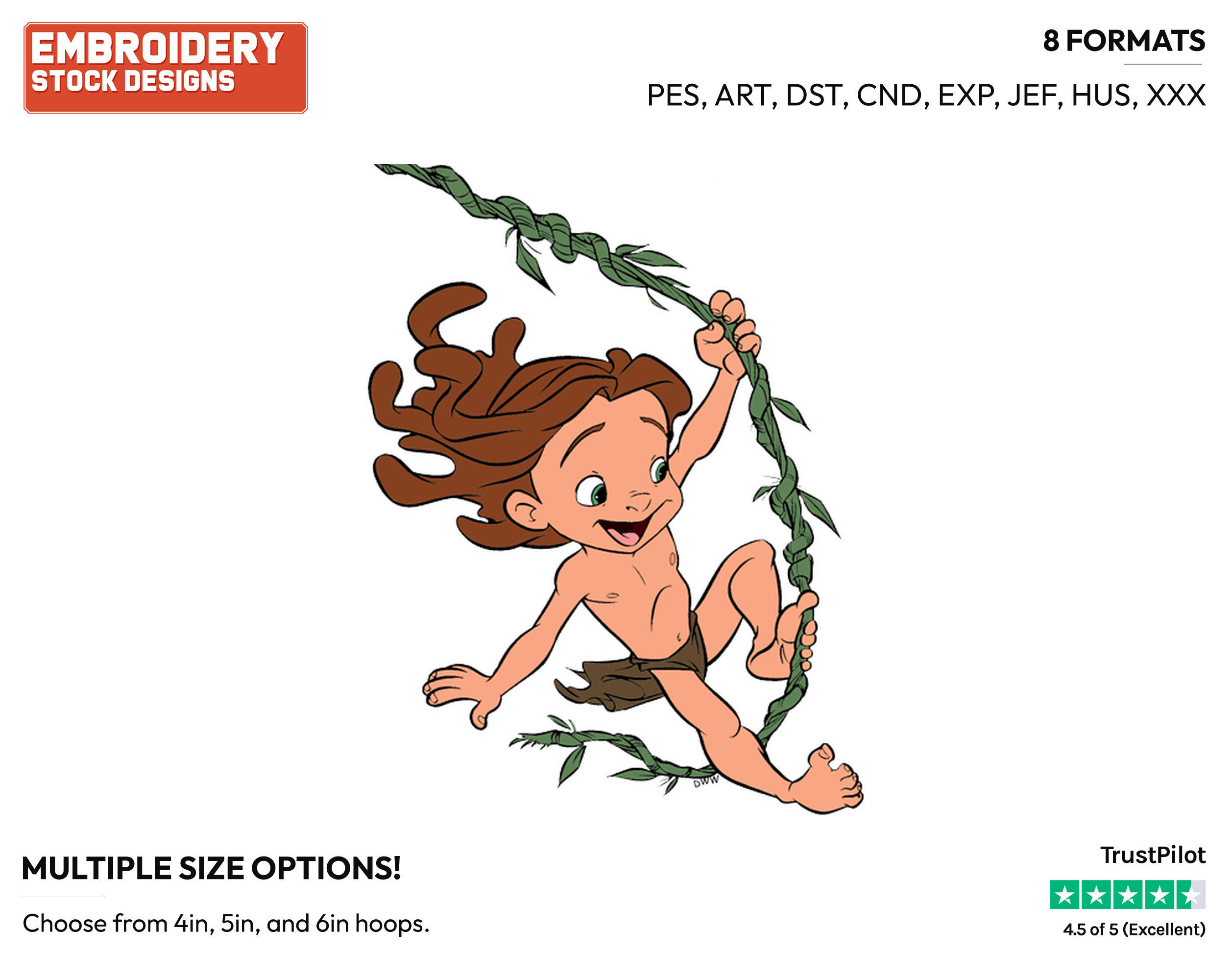 Young Tarzan Swinging From Vine - Disney's Tarzan - Embroidery Design ...