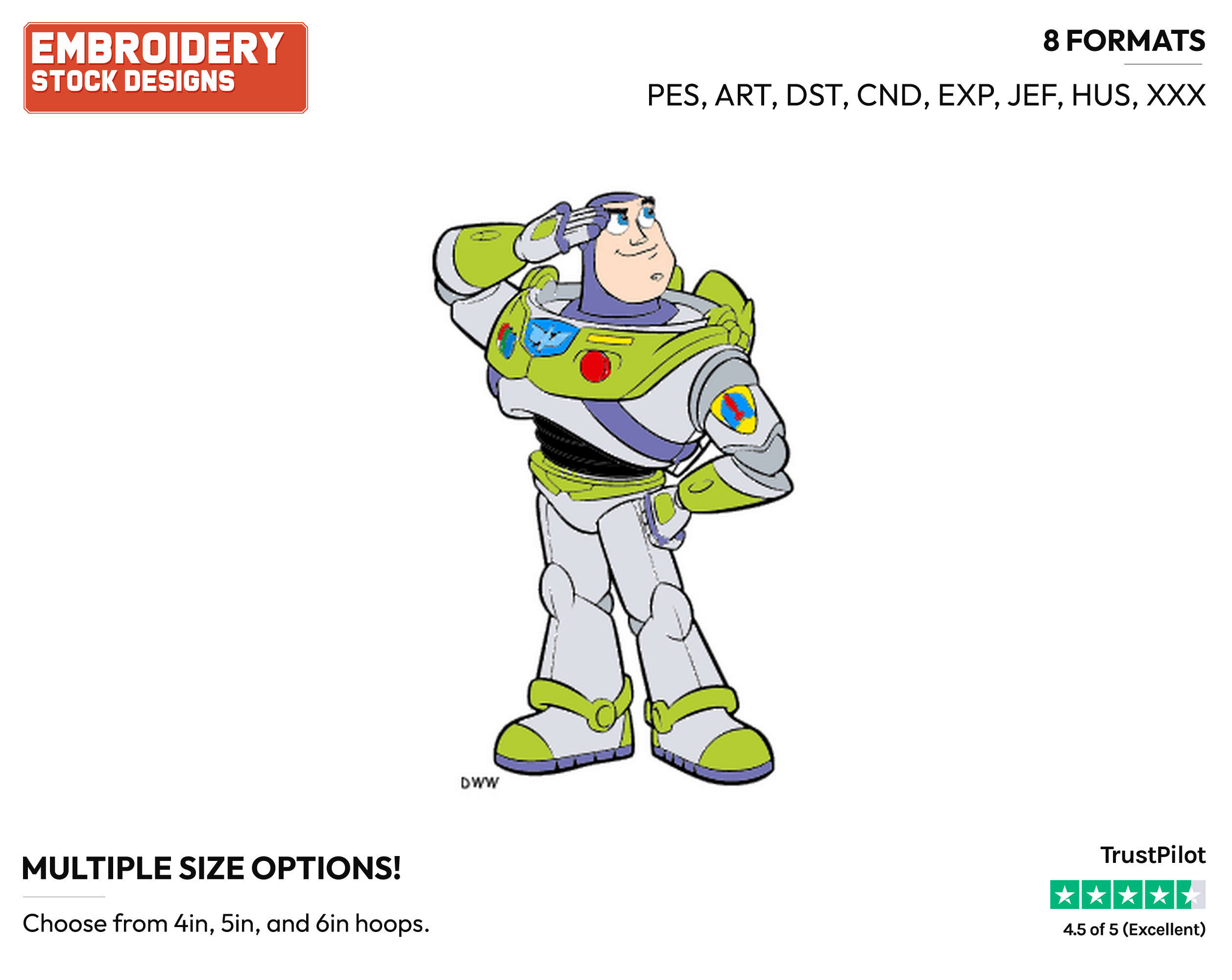 Buzz Saluting - Disney's Toy Story - Embroidery Design in 3 sizes & 8 ...