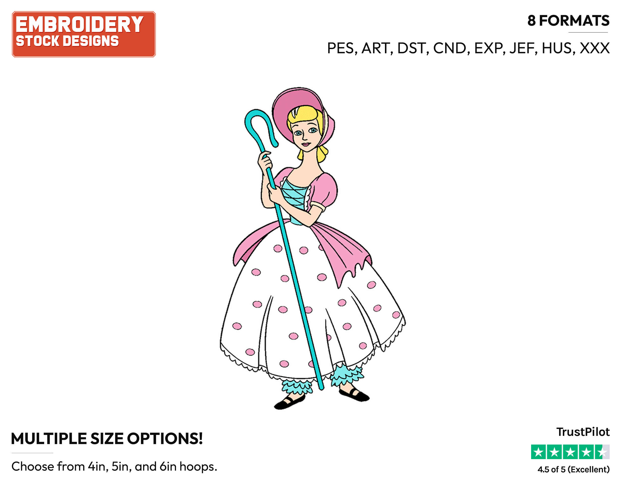 Bo Peep - Disney's Toy Story - Embroidery Design in 3 sizes & 8 formats ...